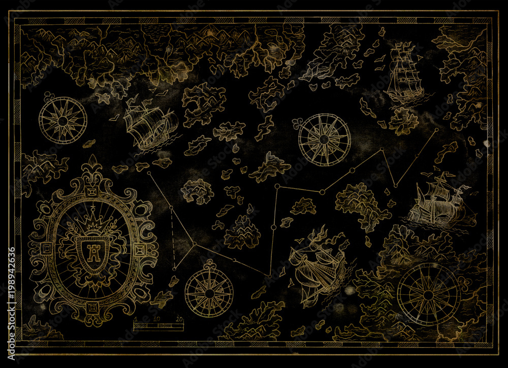 Pirate treasures map with antique sailboats, baroque banner and ...