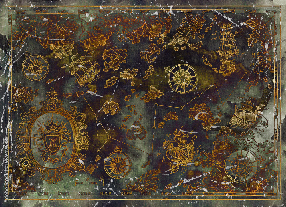 Beautiful map with pirate treasures, old ships, compasses, islands on ...