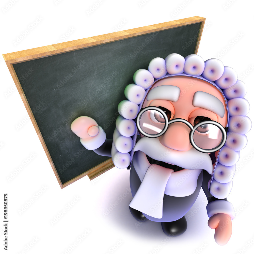 3d Funny cartoon judge character standing in front of a blackboard ...