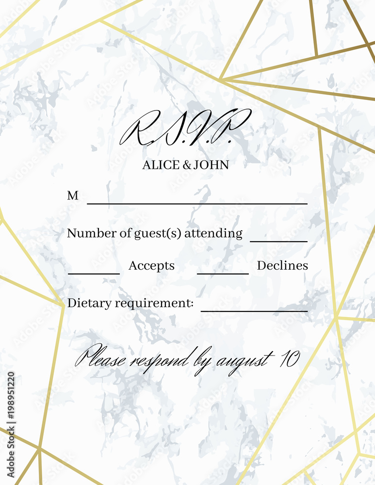 Rsvp design card template. White marble background and gold geometric ...