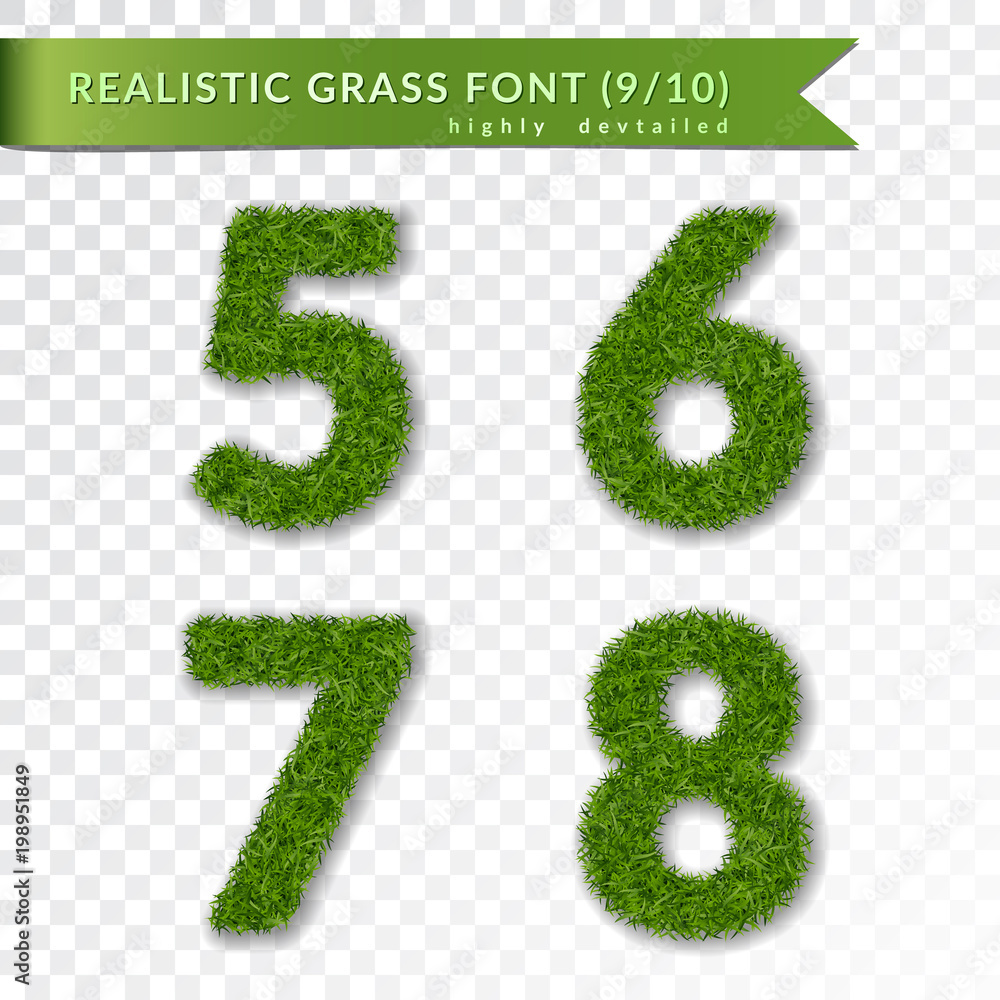 Grass numbers 5 6 7 8. Green numbers five, six, seven, eight isolated ...