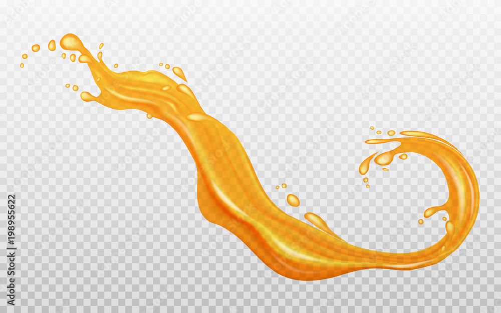 Transparent orange liquid splash. Juice background. Water, honey, oil ...