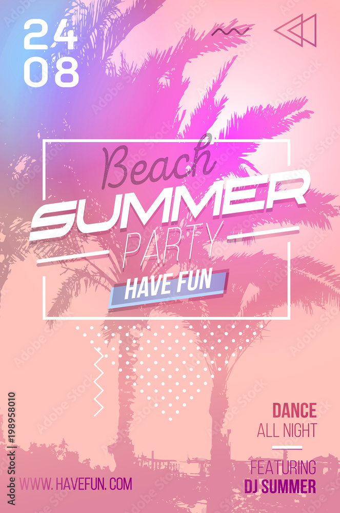 Summer party invitation poster with palm tree silhouette and sunset ...