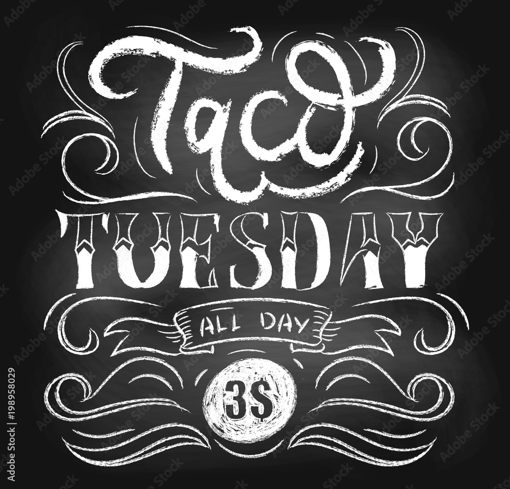 Taco tuesday chalkboard vector poster with lettering and flourishes ...