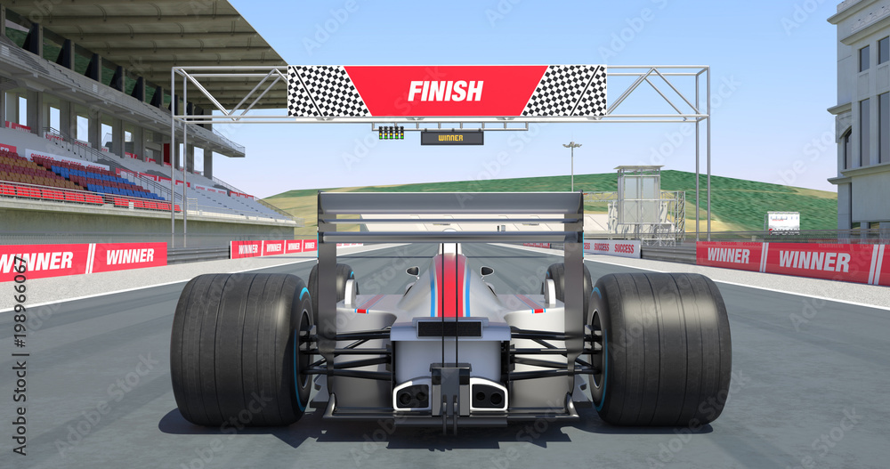 White Racing Car Crossing Finish Line And Winning The Race - High ...