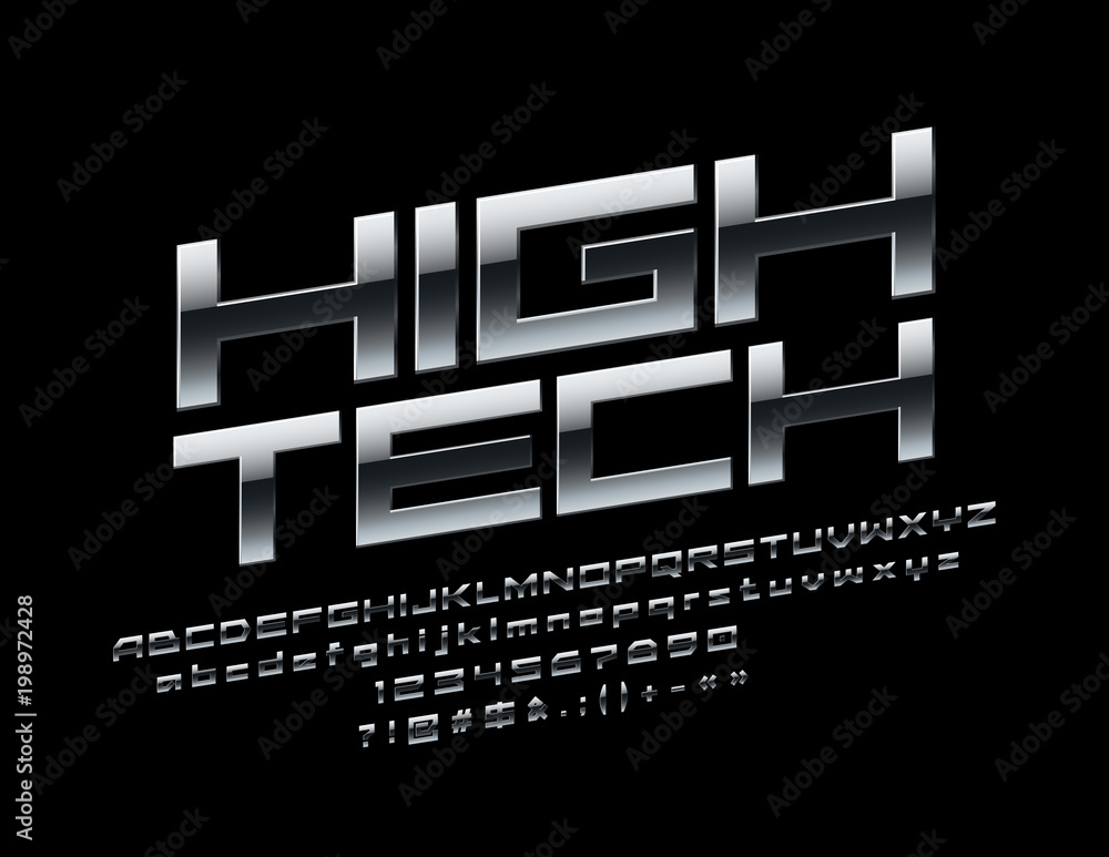 Vector rotated Metallic Chrome High Tech Font. Industrial Modern Silver ...