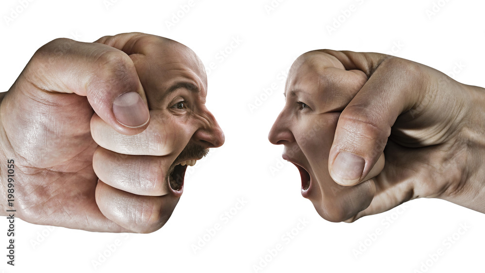 Two fists with a male and female face collide with each other on ...