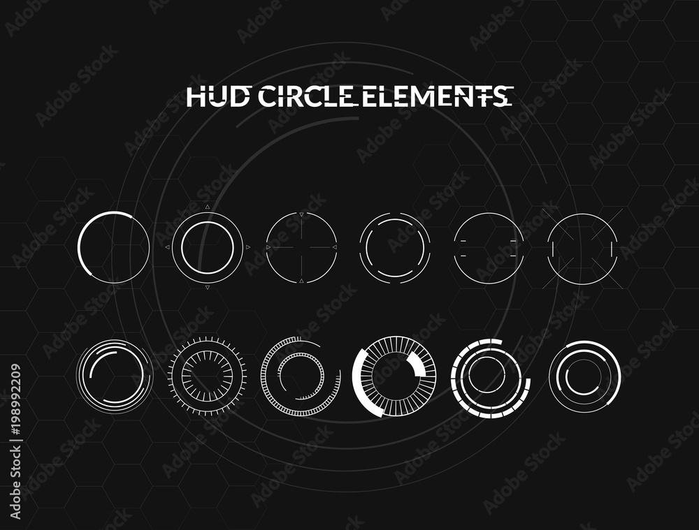 Set of black and white hud circle infographic elements. Head-up display ...