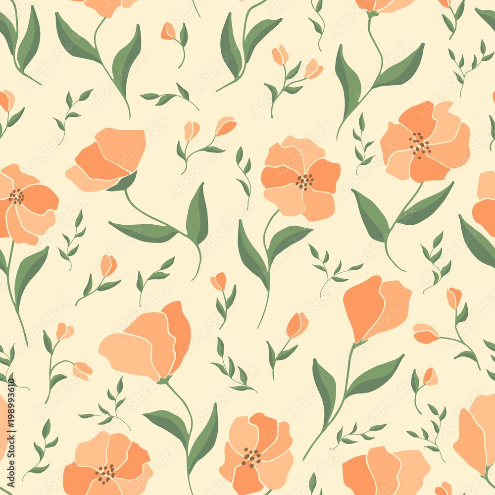 Seamless abstract peach flowers and green foliage pattern on a cream ...