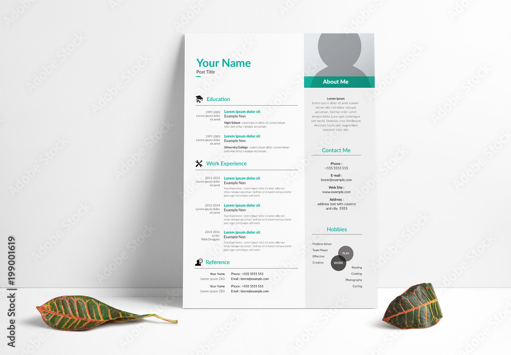 Resume Layout Set with Gray Sidebar and Teal Accents Stock Template ...