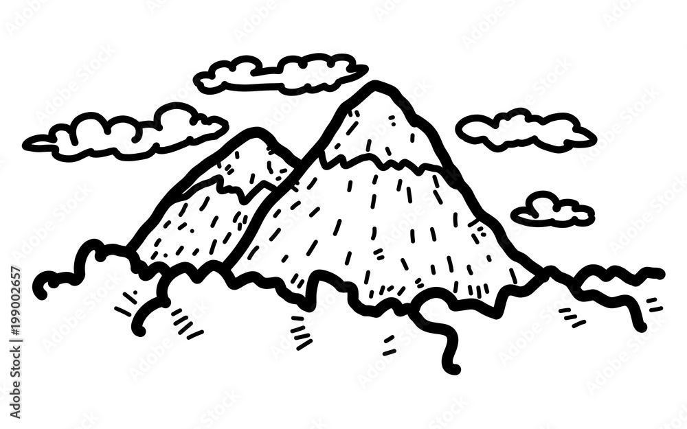 mountain / cartoon vector and illustration, black and white, hand drawn ...