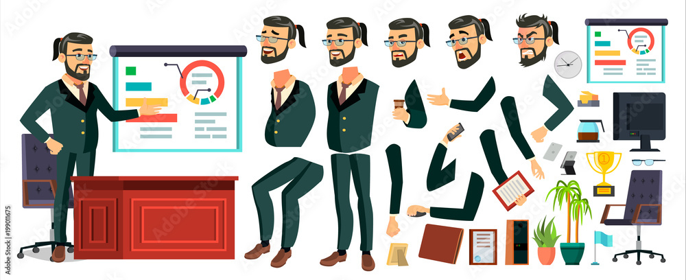 CEO Business Man Character Vector. Working Bearded CEO Male. Modern ...