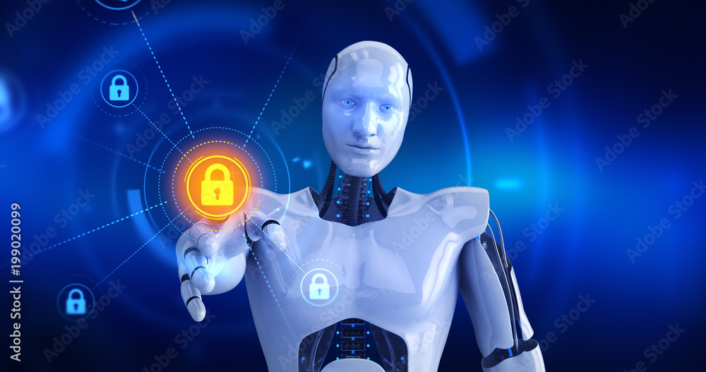 Humanoid robot touching on screen then security lock symbols appears ...