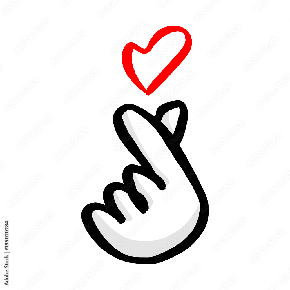 Korean hand heart symbol with red heart vector illustration sketch hand ...