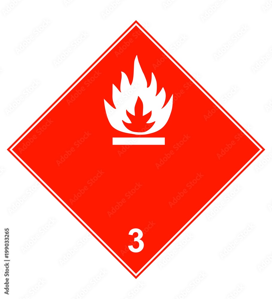 Dangerous - class 3 flammable goods transported warning sign. White ...