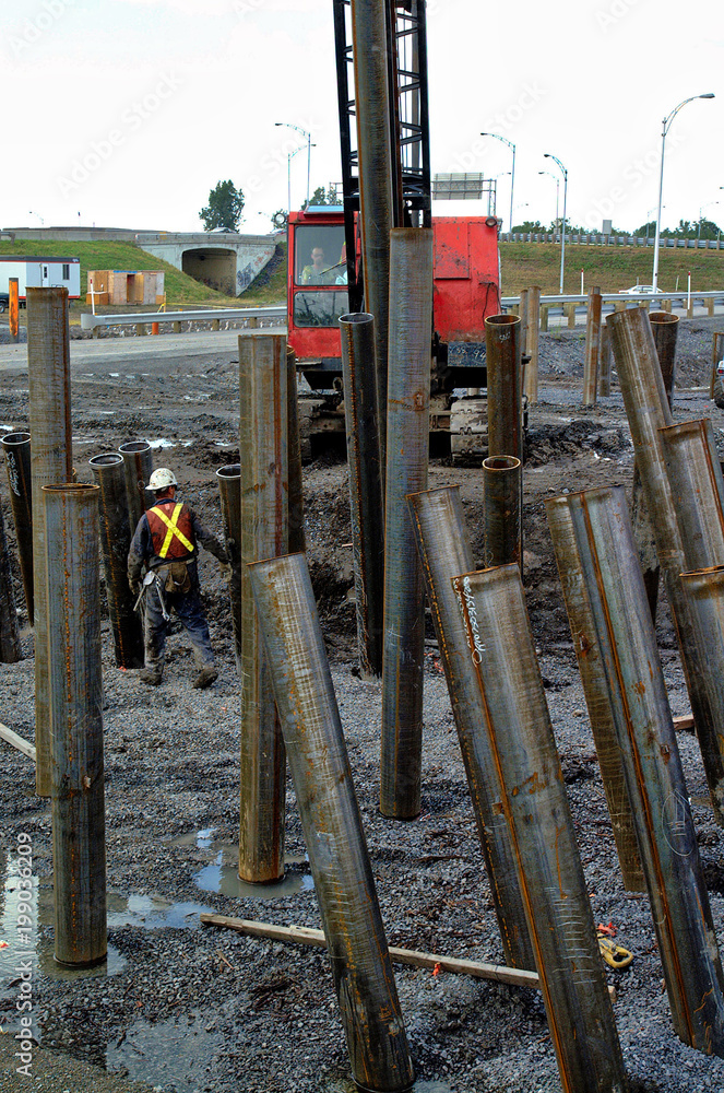 Metalwork for construction of road structure . Steel pipe stake Stock ...
