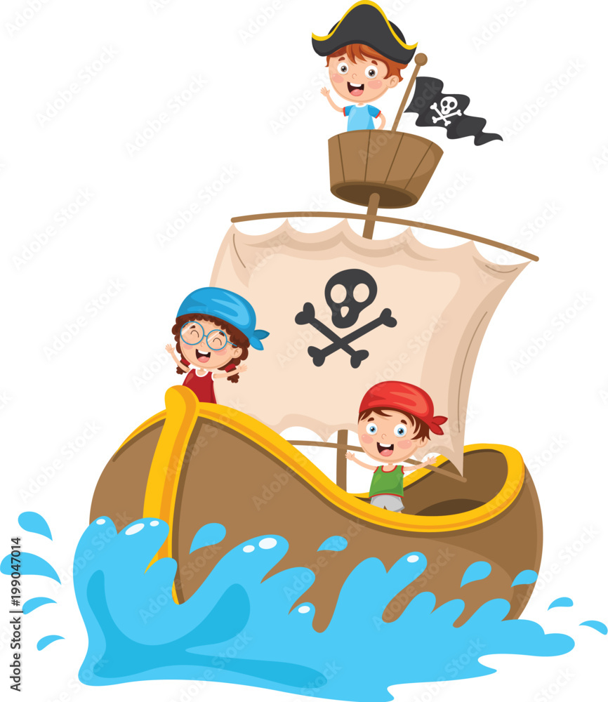 Vector Illustration Of Cartoon Kids Pirate Ship Stock Vector | Adobe Stock