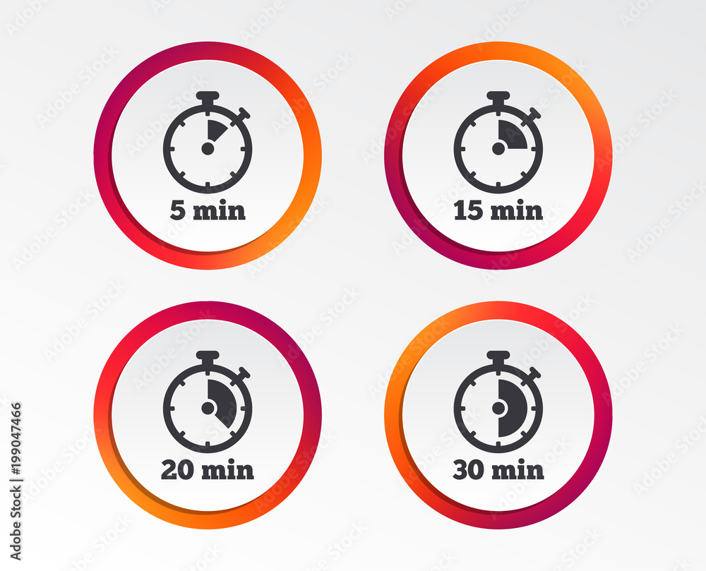 Timer icons. 5, 15, 20 and 30 minutes stopwatch symbols. Infographic ...