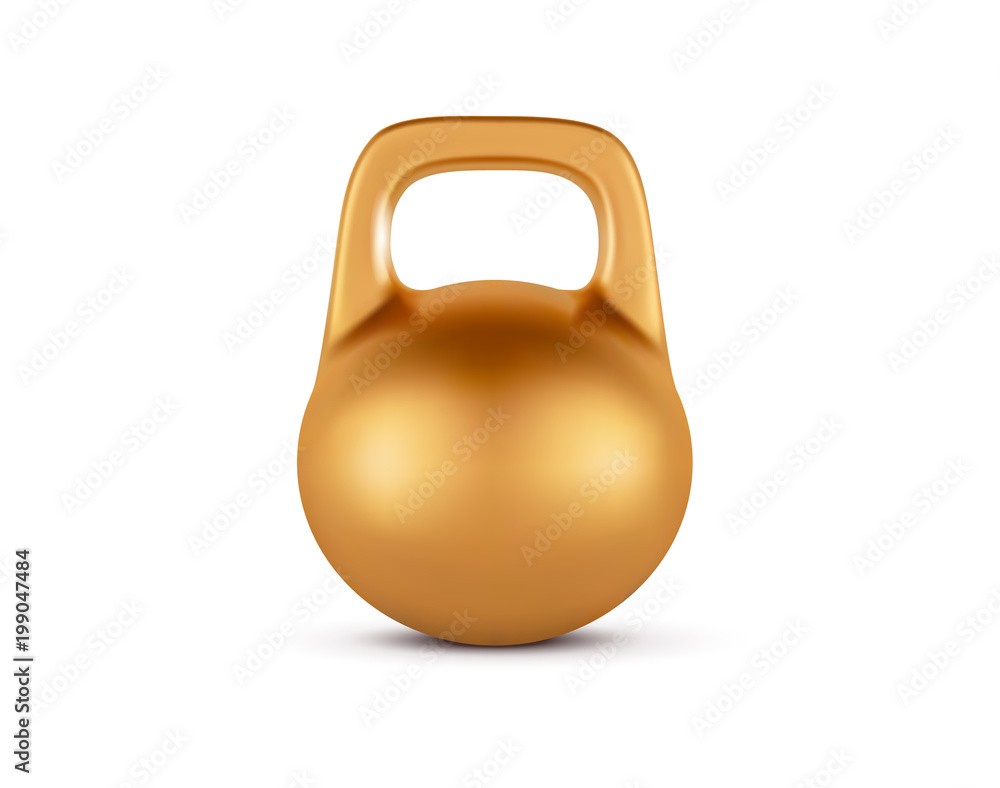 Golden realistic dumbbell weight isolated on white background. 3d gold dumbbell vector ...