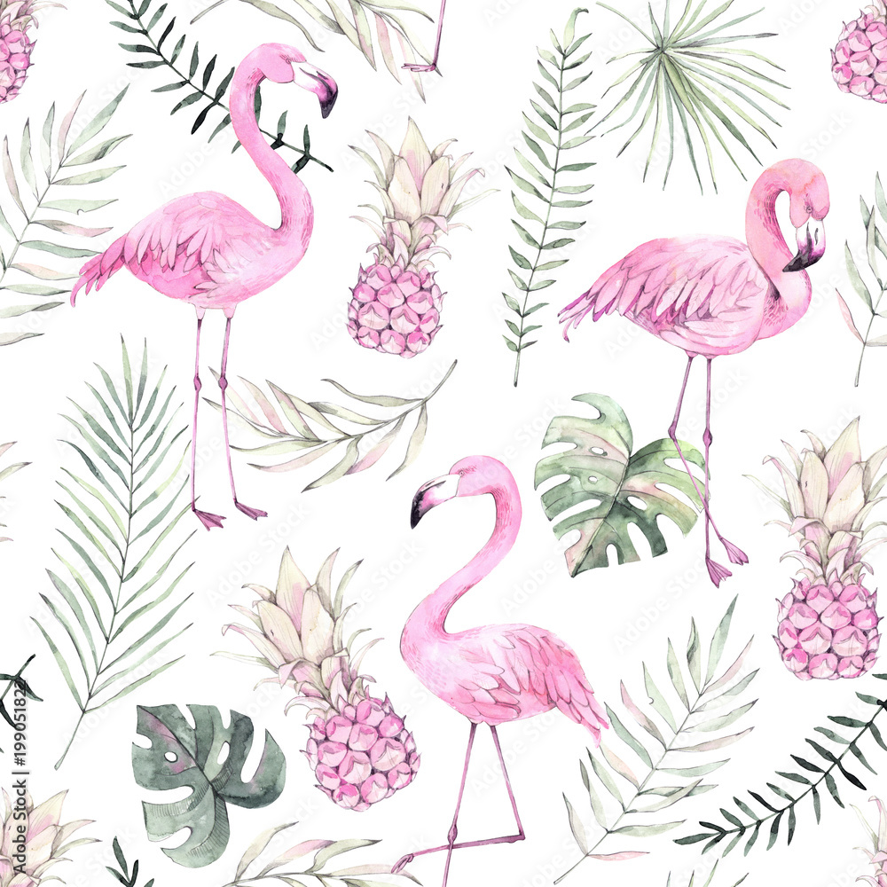 Hand drawn watercolor seamless pattern. Background with pink flamingo ...