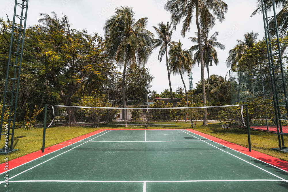 Wide-angle frontal view of a cozy badminton court on a summer day: red ...
