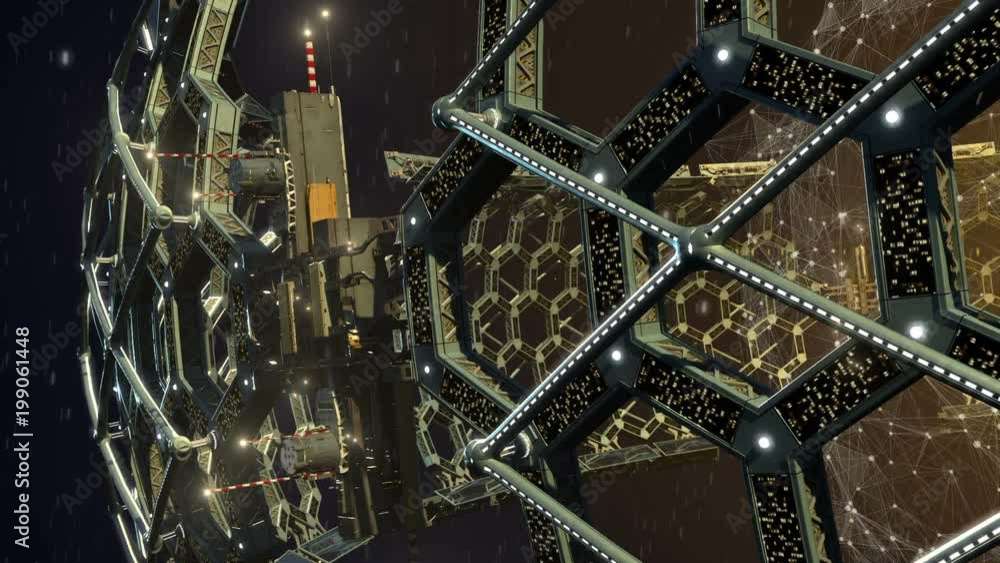 Deep space animation of a honeycomb geodesic structure rotating around ...