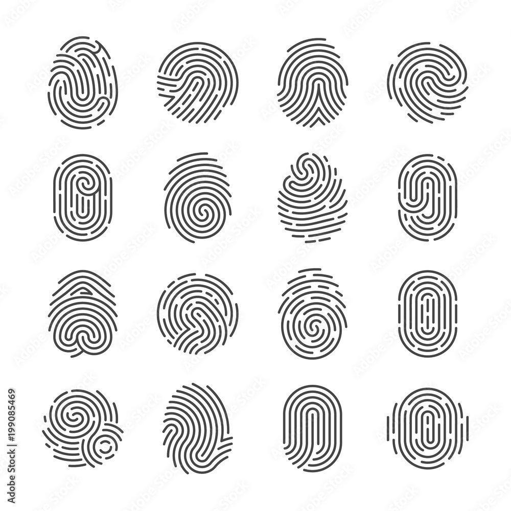 Fingerprint detailed icons. Police scanner thumb vector symbols ...