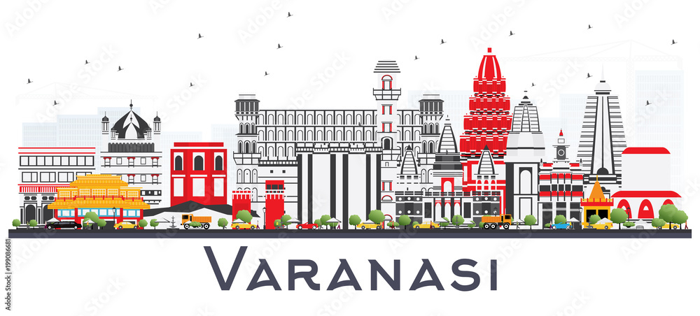 Varanasi India City Skyline with Color Buildings Isolated on White ...