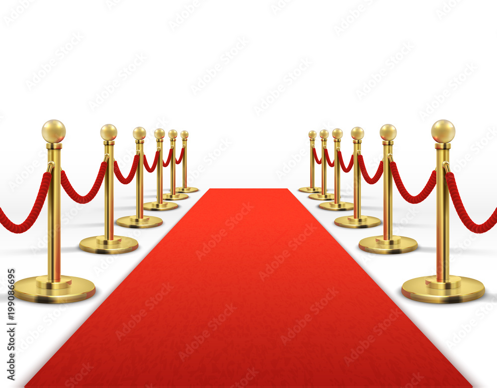 Red carpet for celebrity with gold rope barrier. Success, prestige and ...