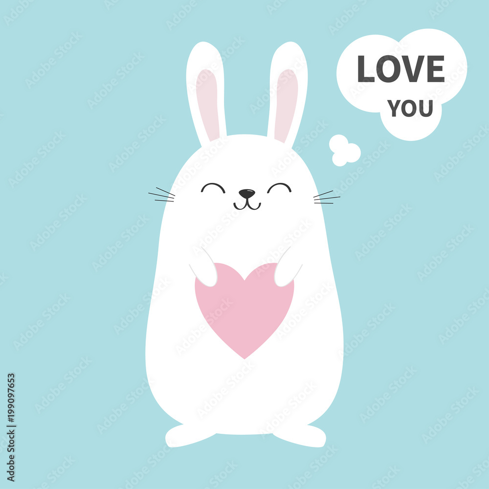 White bunny rabbit holding heart. Talking thinking bubble. Love you ...