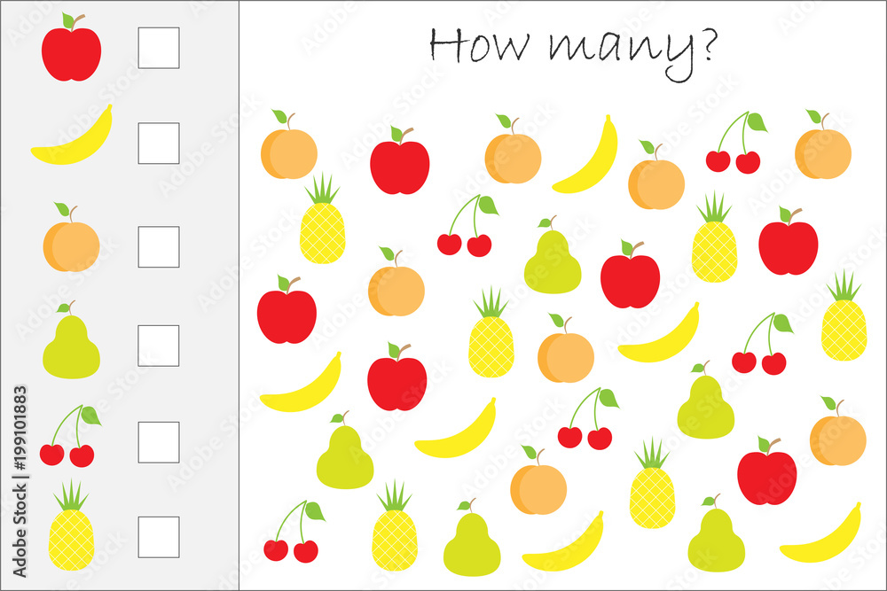 How many counting game with fruit for kids, educational maths task for ...