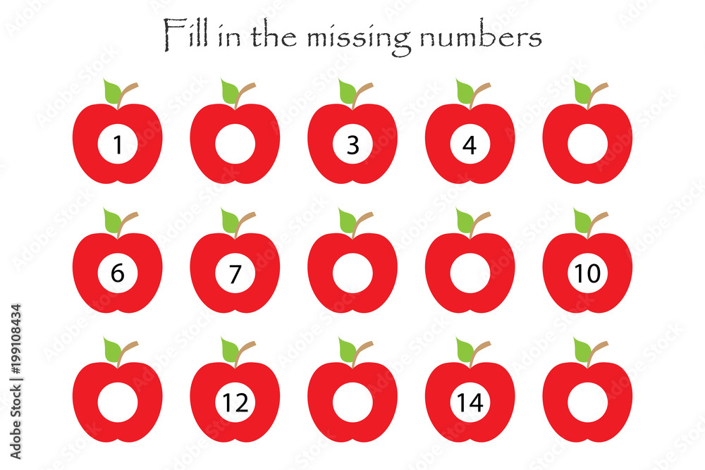 Game with apples for children, fill in the missing numbers, easy level ...