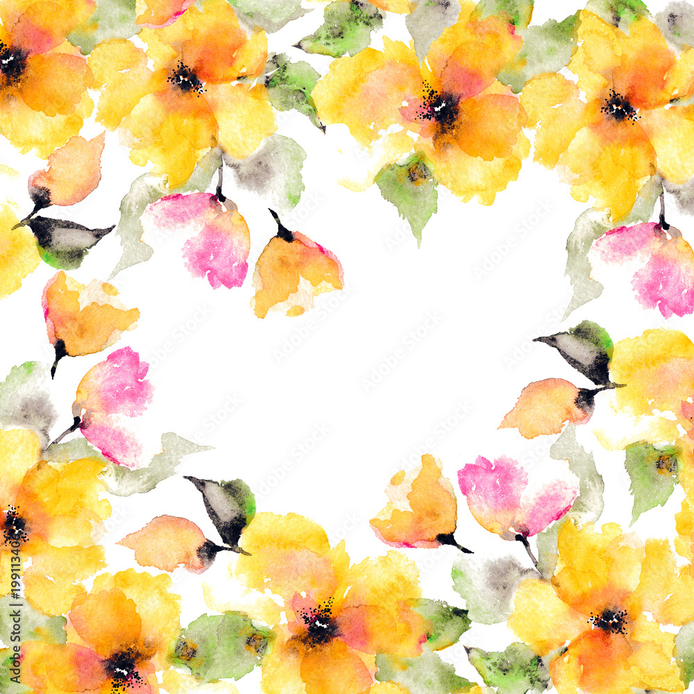 Watercolor yellow flowers. Frame with paint flowers. Decorative floral ...