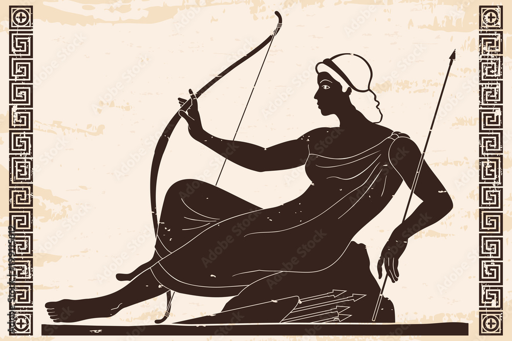 Ancient Greek goddess Artemis with a bow and arrows is in the tunic ...