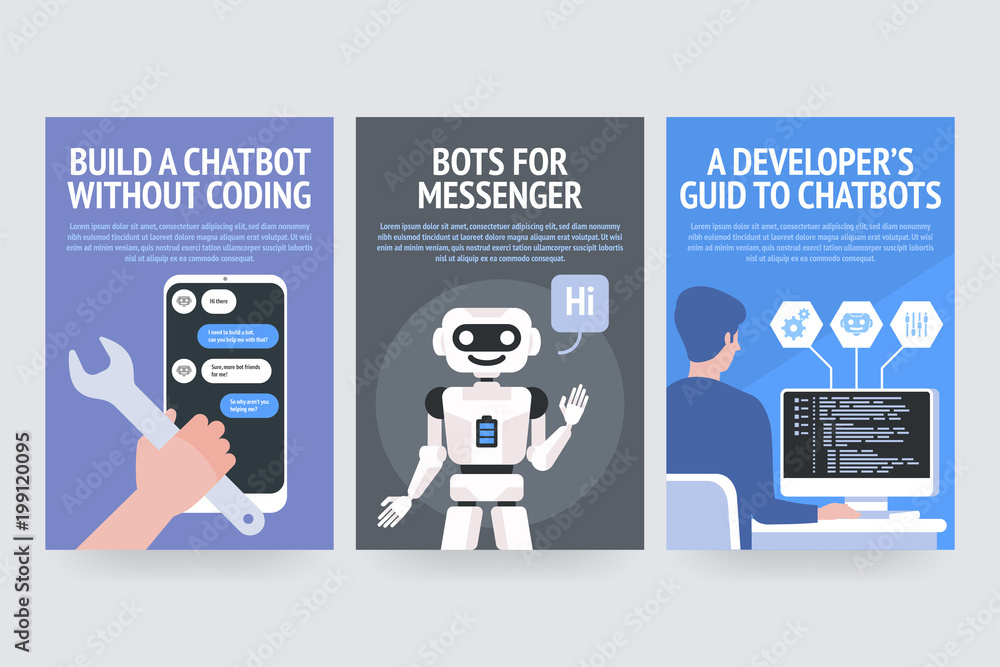 Build chatbot without coding. Bots for messenger. A developers guide to chatbots. Vector posters ...