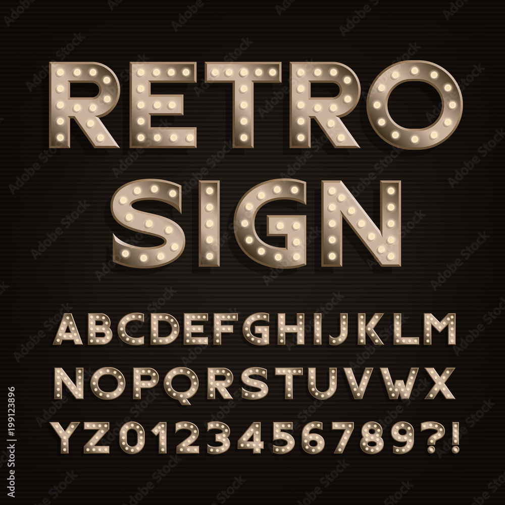 Retro sign alphabet. Vintage light bulb type letters and numbers ...