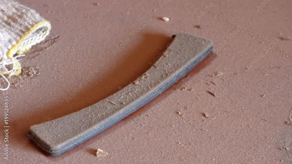 Panoramic view of aged dusty table with old fabric pieces and words ...