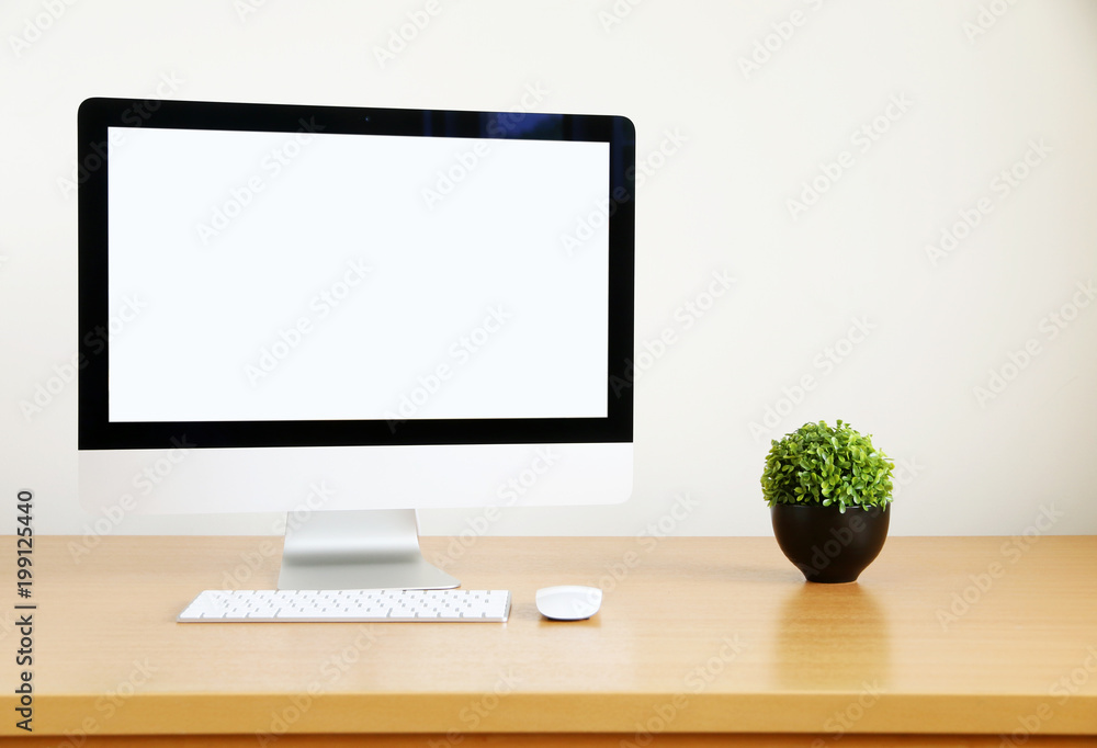 mock up front view blank screen Computer Desktop PC. for business on work table Stock Photo ...