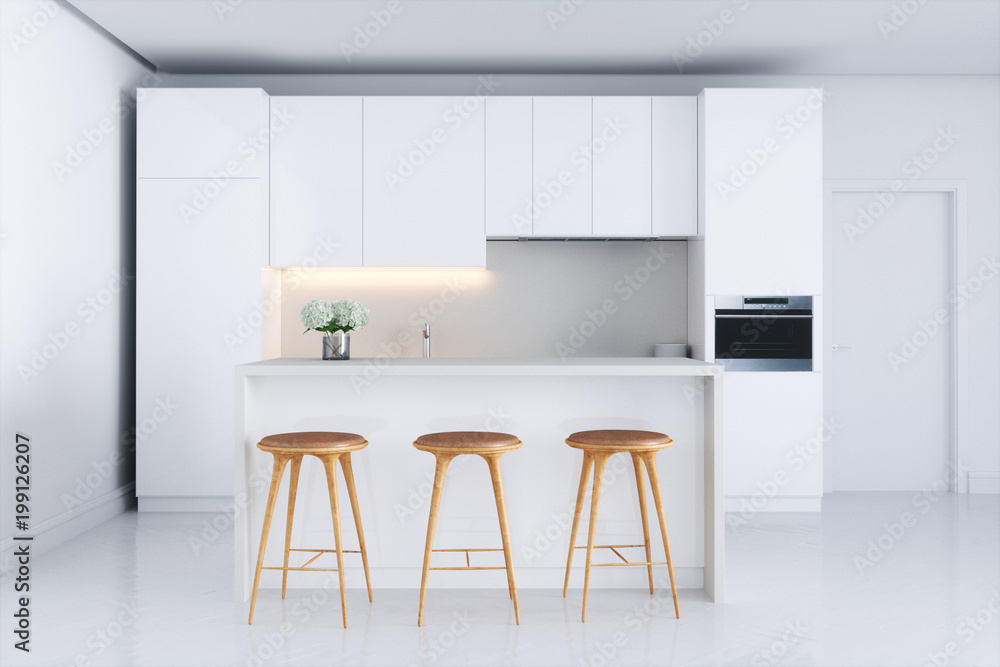 White kitchen in new interior 3d render Stock Illustration | Adobe Stock