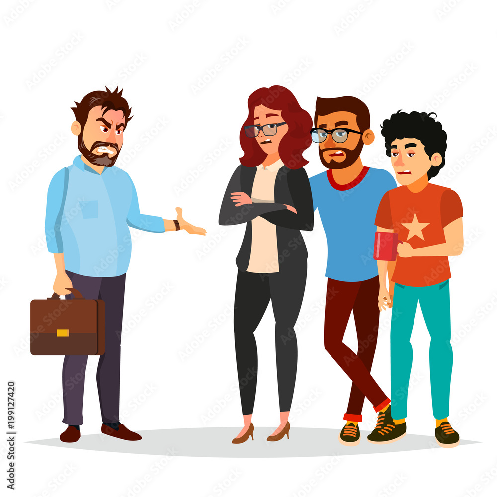 Angry Boss Man Vector. Screams, Shouting To Workers. Scared Docile ...