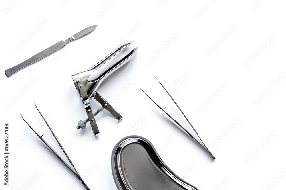 instruments of gynecologist on white background top view Stock Photo ...