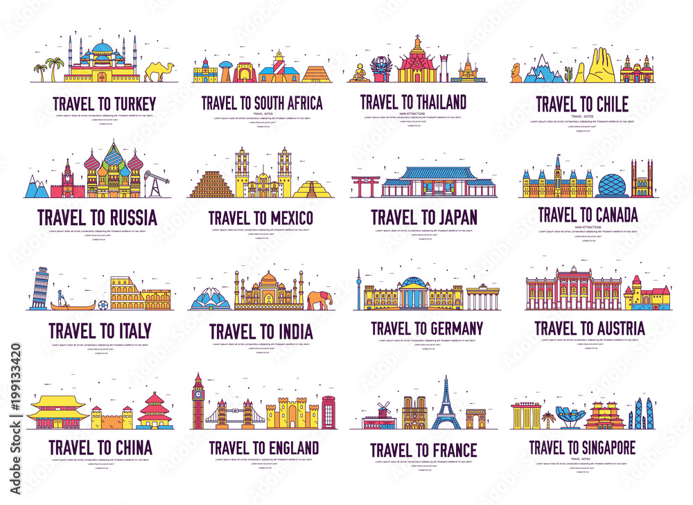 Country thin line icons travel vacation guide places and features. Big ...