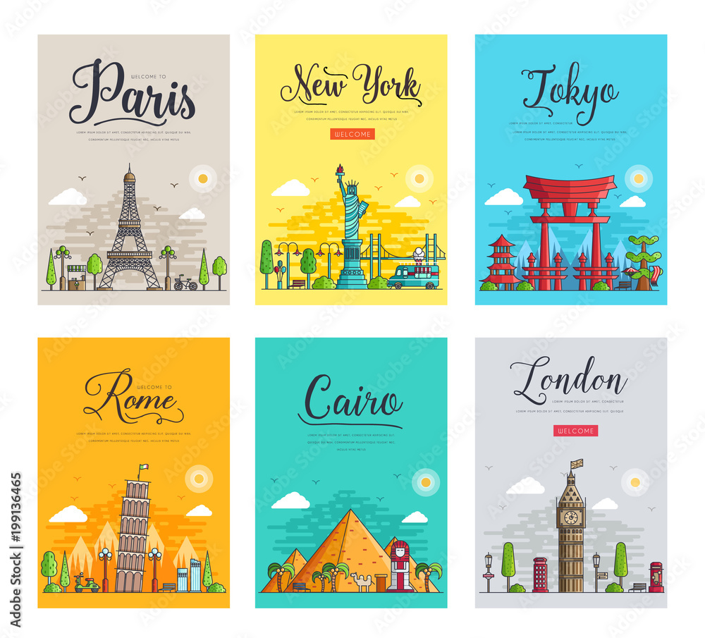 Set of thin lines different cities for travel destinations. Landmarks ...
