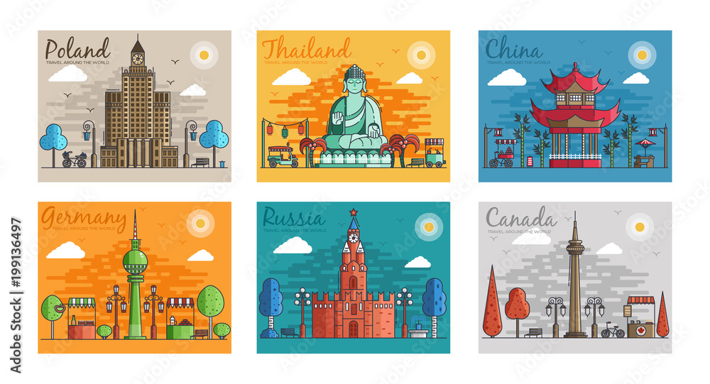 Set of different cities for travel destinations. landmarks banner ...