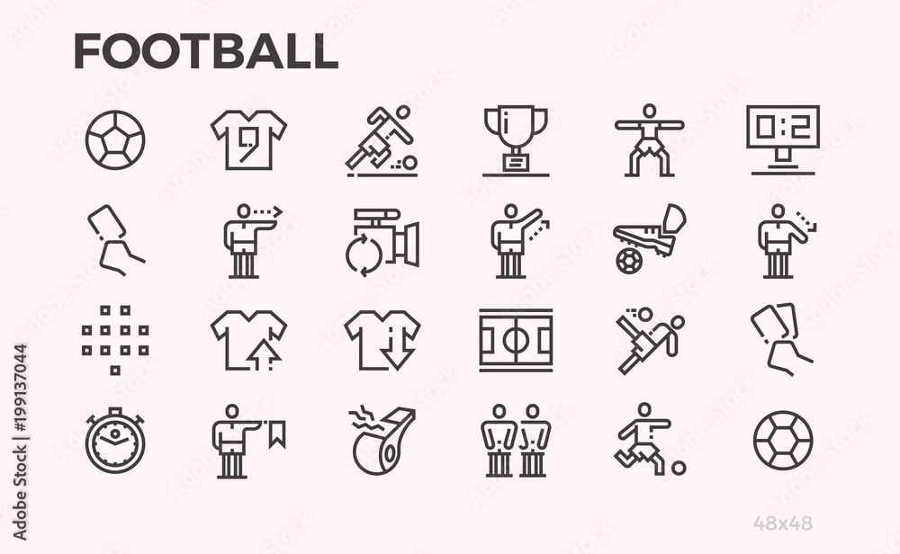 Football icons. Football players and equipment, rules for the game ...