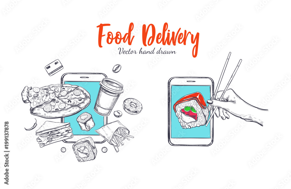 Food delivery concept banner. Vector hand drawn illustration. Sketch ...