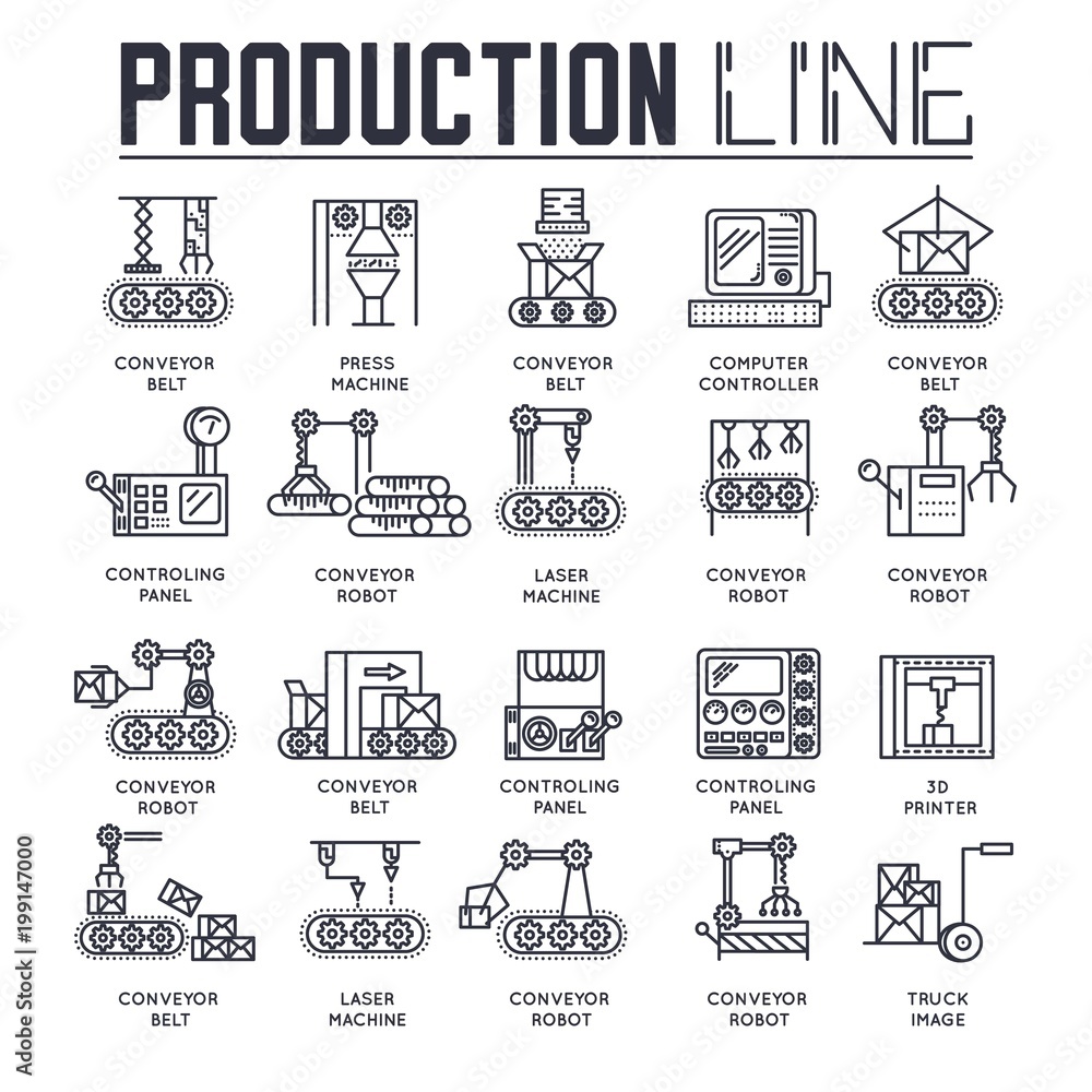 Production outline icons collection set. Industry linear symbol pack ...