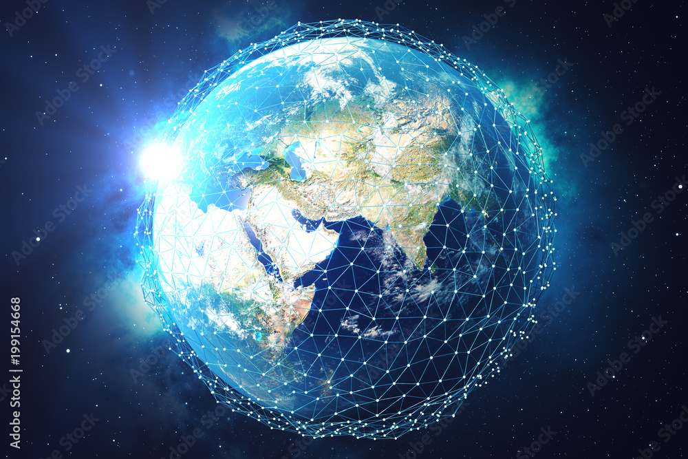 3D rendering Network and data exchange over planet earth in space ...
