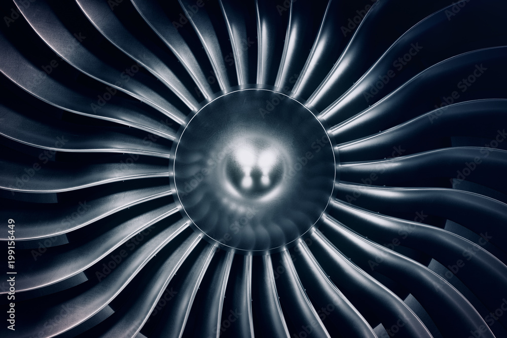 3D Rendering jet engine, close-up view jet engine blades. Blue tint ...