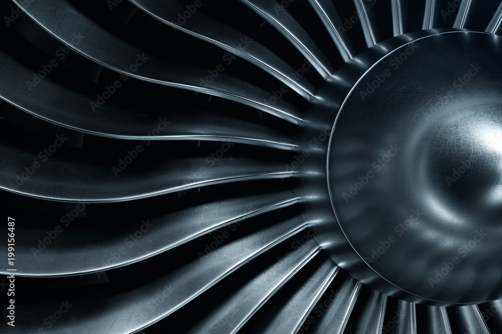 3D Rendering jet engine, close-up view jet engine blades. Blue tint ...